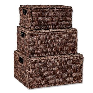 set of 3 rectangular seagrass baskets with lids by trademark innovations