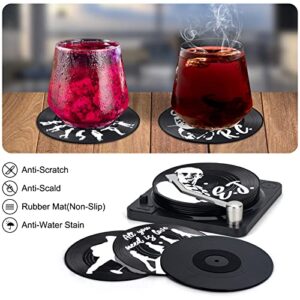 Valdivia Vinyl Record Coasters for Drinks with Record Player Holder, 6 Pcs Retro and Legendary Coasters Set, Funny Coasters for Housewarming Gifts, Music Lovers Gifts, Wedding Registry Gift Ideas