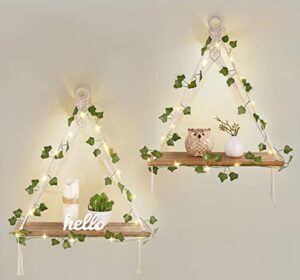 mkono artificial ivy macrame hanging shelves with lights set of 2 boho wall decor display plants photos wood floating storage shelf for bedroom bathroom living room nursery dorm kitchen