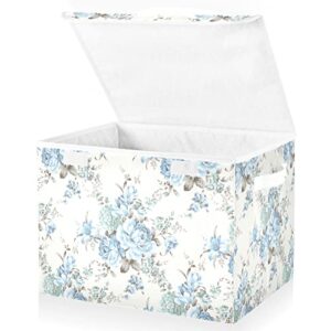 Sletend Flower Floral Lidded Home Storage Bins Closet Storage Bins, Foldable Oxford Fabric Storage Box for Home Bedroom Closet Office (16.5x12.6x11.8 in)