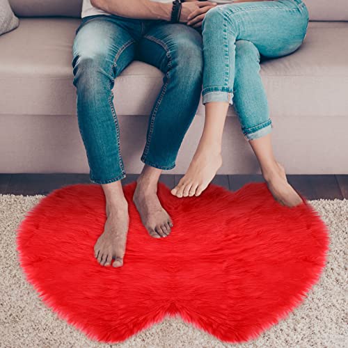 23.6 x 35.4 Inch Valentine's Day Double Heart Shaped Rug Heart Rug for Bedroom Fluffy Area Rugs Soft Faux Fur Rug Non Slip Carpet for Home Living Room Decor Kids Nursery Girls Dorm (Red)