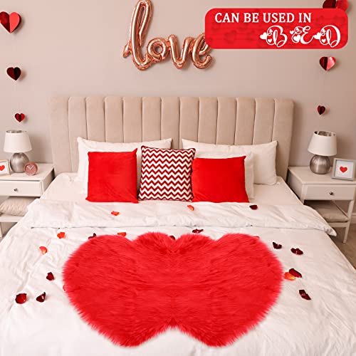 23.6 x 35.4 Inch Valentine's Day Double Heart Shaped Rug Heart Rug for Bedroom Fluffy Area Rugs Soft Faux Fur Rug Non Slip Carpet for Home Living Room Decor Kids Nursery Girls Dorm (Red)