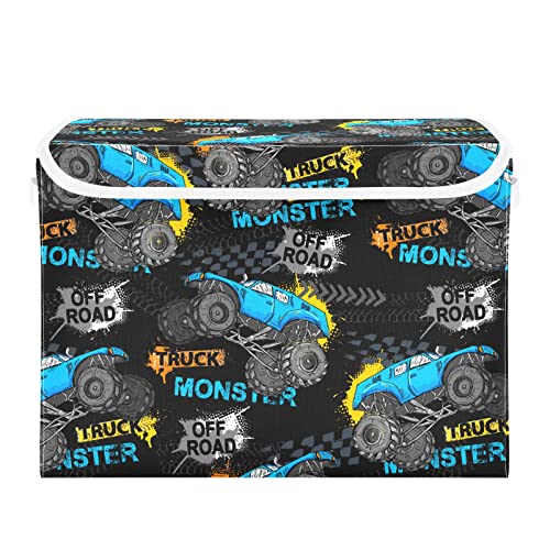 Sletend Storage Box Monster Truck Closet Storage Bins with Lids, Foldable Oxford Fabric Storage Box for Home Bedroom Closet Office (16.5x12.6x11.8 in)