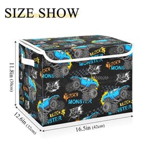 Sletend Storage Box Monster Truck Closet Storage Bins with Lids, Foldable Oxford Fabric Storage Box for Home Bedroom Closet Office (16.5x12.6x11.8 in)