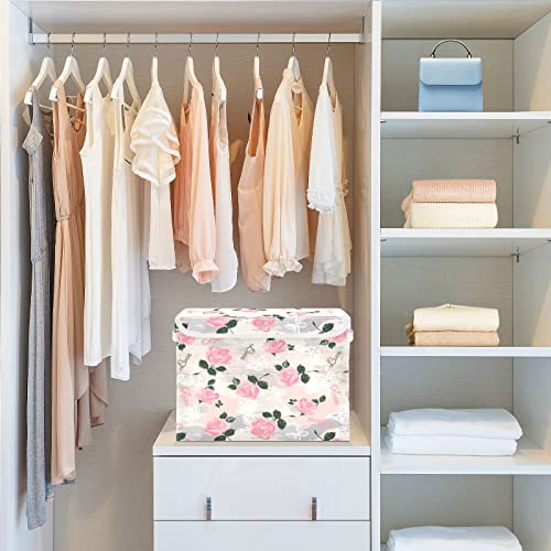 Pink Rose Butterfly Storage Basket 16.5x12.6x11.8 In Collapsible Fabric Storage Cubes Organizer Large Storage Bin with Lids and Handles for Shelves Bedroom Closet Office