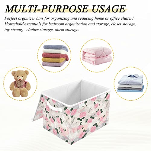 Pink Rose Butterfly Storage Basket 16.5x12.6x11.8 In Collapsible Fabric Storage Cubes Organizer Large Storage Bin with Lids and Handles for Shelves Bedroom Closet Office