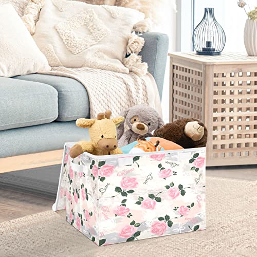 Pink Rose Butterfly Storage Basket 16.5x12.6x11.8 In Collapsible Fabric Storage Cubes Organizer Large Storage Bin with Lids and Handles for Shelves Bedroom Closet Office