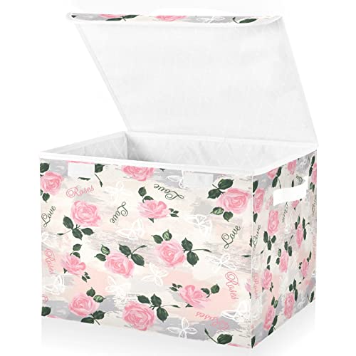 Pink Rose Butterfly Storage Basket 16.5x12.6x11.8 In Collapsible Fabric Storage Cubes Organizer Large Storage Bin with Lids and Handles for Shelves Bedroom Closet Office