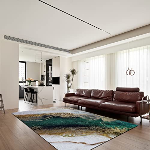 FYMUROL Brilliant Emerald Green Area Rug, Fashion Gold Art Deco Rug, Washable Bedroom Rug with High Density Non-Slip Backing Large Area Soft for Living Room Sofa Entrance Corridor Kids Room-6ft×8ft