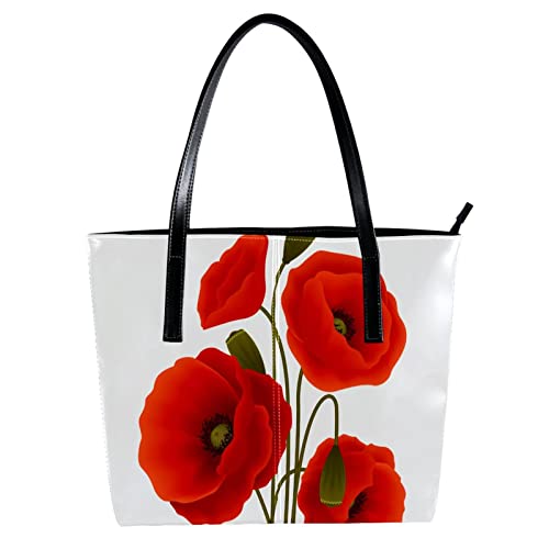 Tote Shoulder Bag for Women, Large Leather Handbags for Travel Work Beach Outdoors Red Poppy Flowers Floral