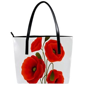 Tote Shoulder Bag for Women, Large Leather Handbags for Travel Work Beach Outdoors Red Poppy Flowers Floral