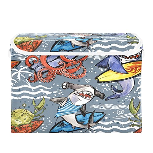 KEEPREAL Cute Cartoon Sea Fish Storage Basket Bin with lid, Large Cube Storage Box Collapsible Storage Organizer for Home Office Closet - 16.5 L x 12.6 W x 11.8 H