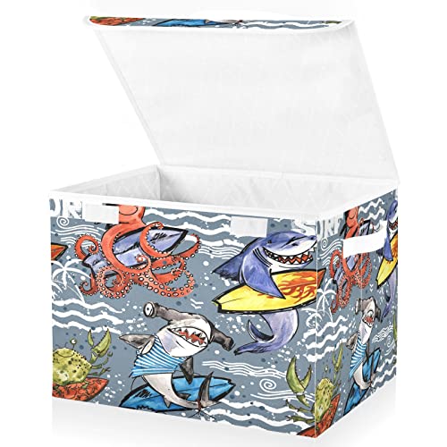 KEEPREAL Cute Cartoon Sea Fish Storage Basket Bin with lid, Large Cube Storage Box Collapsible Storage Organizer for Home Office Closet - 16.5 L x 12.6 W x 11.8 H