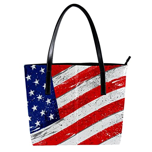 Vintage American Flag Tote Bag for Women Girls, Leather Shoulder Bag with Inside Pockets, Zip Top Handbags