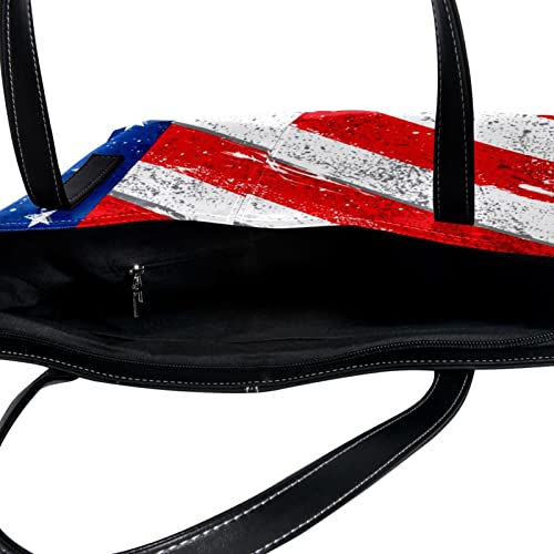 Vintage American Flag Tote Bag for Women Girls, Leather Shoulder Bag with Inside Pockets, Zip Top Handbags