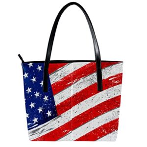 Vintage American Flag Tote Bag for Women Girls, Leather Shoulder Bag with Inside Pockets, Zip Top Handbags