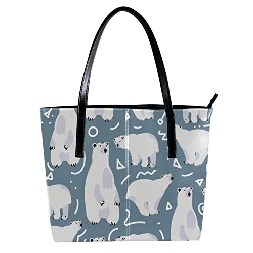 Cute Polar Bear Tote Bag for Women Girls, Leather Shoulder Bag with Inside Pockets, Zip Top Handbags