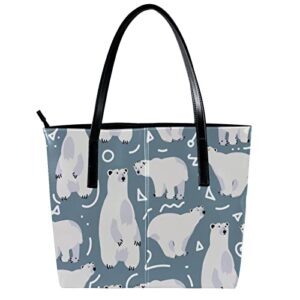 Cute Polar Bear Tote Bag for Women Girls, Leather Shoulder Bag with Inside Pockets, Zip Top Handbags