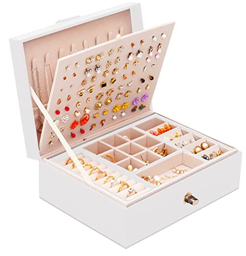 QBestry Stud Earring Organizer for Girls White Jewelry Box for Earrings Necklace Jewelry Organizer Studs,Girls Earring Box for Womens Necklace Holder Rings Organizer Jewelry Earring Storage Box,White