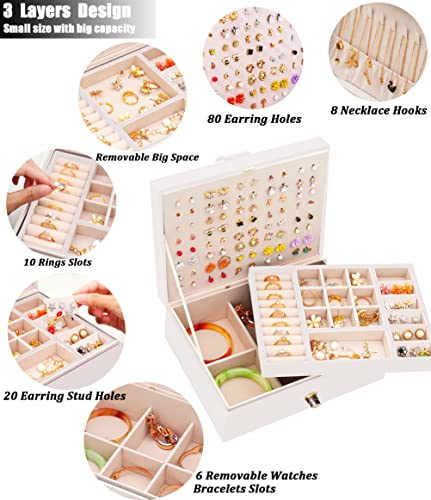 QBestry Stud Earring Organizer for Girls White Jewelry Box for Earrings Necklace Jewelry Organizer Studs,Girls Earring Box for Womens Necklace Holder Rings Organizer Jewelry Earring Storage Box,White