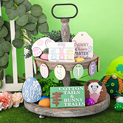 QUEEN KING 12 Set Easter Tiered Tray Decorations Plush Bunny Gnome Egg Happy Easter Wood Sign Spring Tiered Tray Decor with Hemp Rope for Easter Tiered Tray Spring Party Decor