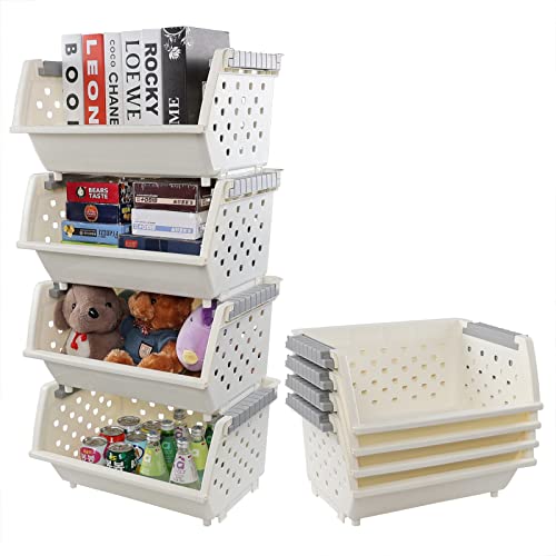 Waikhomes 4-Pack White Large Stacking Basket, Plastic Stackable Detachable Storage Organizer Bin