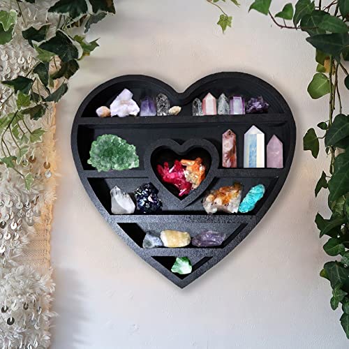 Neegaurd Wood Crystal Display Shelf for Stones Wooden Heart Shaped Shelf for Crystals and Stones Black Crystal Holder Crystal Organizer Shelf for Living Room, Bed Room (Heart Shape)