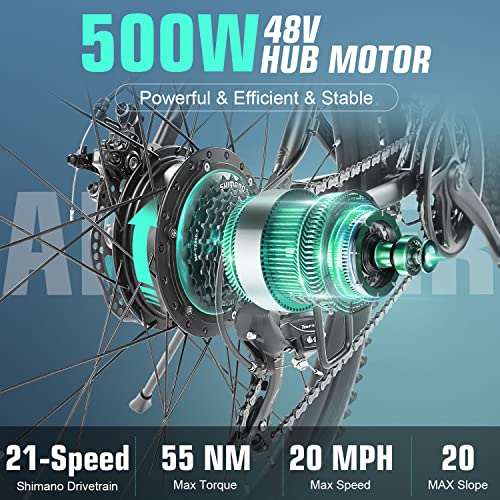 ANCHEER 26'' Gladiator Electric Bike for Adults 500W Ebike 20MPH Adult Electric Mountain Bike, 48V 10.4Ah Removable Lithium Battery, Cruise Control, Shimano 21S Gears, 3.5Hours Charge