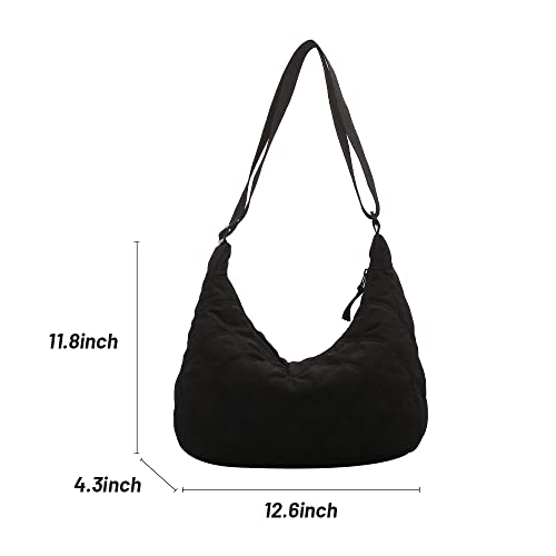 Women Hobo Shoulder Bag Puffer Small Tote Crossbody Bag Purse Cotton Handmade Bags Handbag with Zipper School Work Travel Black