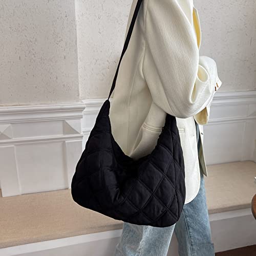 Women Hobo Shoulder Bag Puffer Small Tote Crossbody Bag Purse Cotton Handmade Bags Handbag with Zipper School Work Travel Black