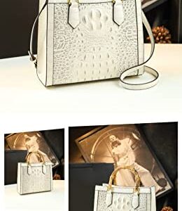 Crocodile Pattern Leather Women's Bag Bamboo Top-Handle Satchel Handbags Portable Tote Bag Shoulder Messenger Bags (White)