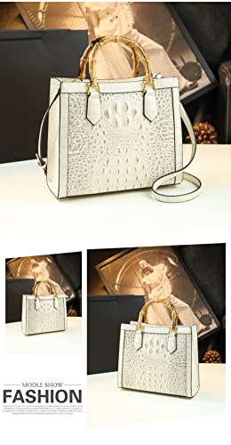 Crocodile Pattern Leather Women's Bag Bamboo Top-Handle Satchel Handbags Portable Tote Bag Shoulder Messenger Bags (White)