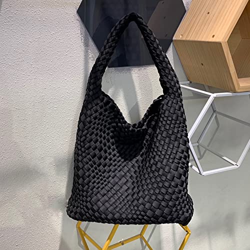 Fashion Woven Purse for Women Top-handle Shoulder Bag Neoprene Hobo Tote Retro Wrist Bag Travel Handbag Work Shopping Daily (Black)