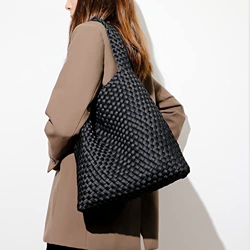 Fashion Woven Purse for Women Top-handle Shoulder Bag Neoprene Hobo Tote Retro Wrist Bag Travel Handbag Work Shopping Daily (Black)