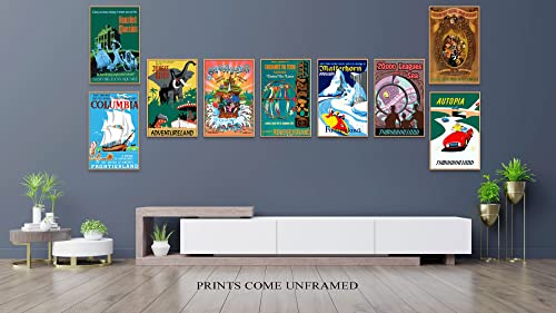 Vintage Disney Posters, The Haunted Mansion Poster, Splash Mountain, 20,000 Leagues Under the Sea, Jungle River, Matterhorn, Disney Ride Reproduction Wall Art 11x17 set of 9 Disney Poster Print