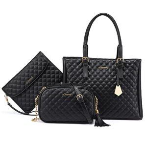 lovevook purses for women, quilted womens handbags and purses set with vegan leather, fashion tote purse with top handle, satchel shoulder bag with top zipper, 3pcs, black