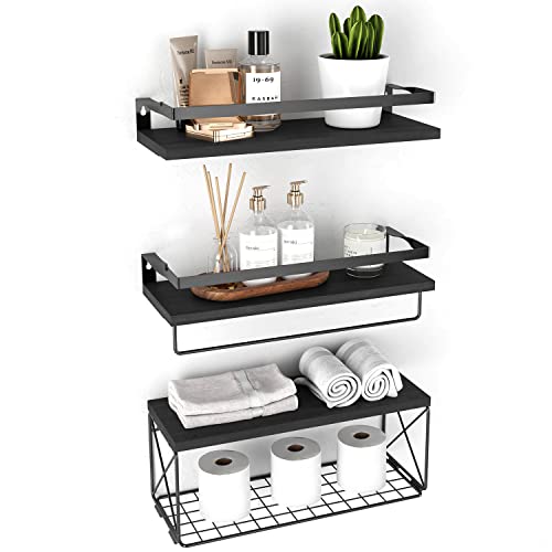 Hoiicco Floating Shelves with Wire Storage Basket, Rustic Bathroom Shelves Over Toilet with Protective Metal Guardrail, Wall Shelves for Bedroom, Living Room, Kitchen and Washroom Toilet Paper