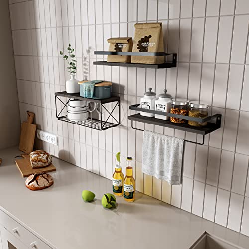 Hoiicco Floating Shelves with Wire Storage Basket, Rustic Bathroom Shelves Over Toilet with Protective Metal Guardrail, Wall Shelves for Bedroom, Living Room, Kitchen and Washroom Toilet Paper