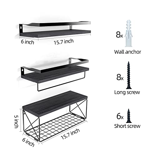 Hoiicco Floating Shelves with Wire Storage Basket, Rustic Bathroom Shelves Over Toilet with Protective Metal Guardrail, Wall Shelves for Bedroom, Living Room, Kitchen and Washroom Toilet Paper