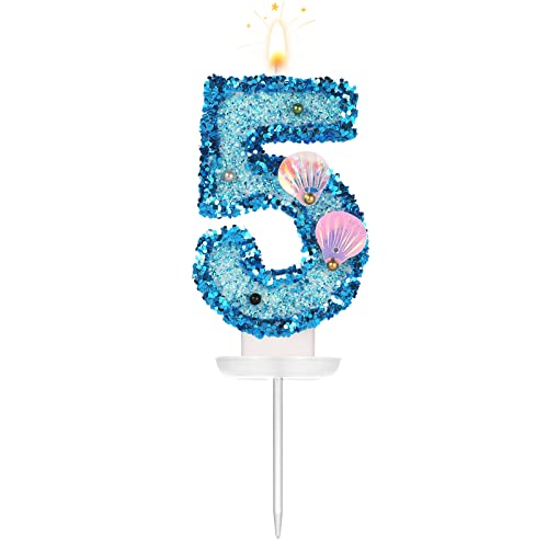 3 Inch Shell Birthday Number Candle, Glitter Number Candle Cake Topper Shell Sequins Cake Numeral for Birthday Wedding Anniversary Mermaid Themed Party (Blue, 5)