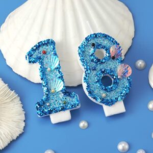 3 Inch Shell Birthday Number Candle, Glitter Number Candle Cake Topper Shell Sequins Cake Numeral for Birthday Wedding Anniversary Mermaid Themed Party (Blue, 5)