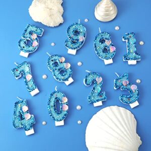 3 Inch Shell Birthday Number Candle, Glitter Number Candle Cake Topper Shell Sequins Cake Numeral for Birthday Wedding Anniversary Mermaid Themed Party (Blue, 5)