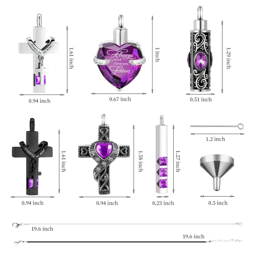 HOMLAND Urn Necklace for Ashes - 6 Pcs Cremation Jewelry Keepsake Memorial Heart Cross Cubic Stainless Steel Pendant for Loved One Women Men with 3 Pcs Replacement Chains