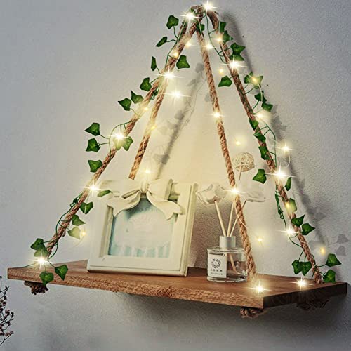 CLQ Artificial Ivy LED-Strip Wall Hanging Shelves, Hanging Plant Shelf, Macrame Wall Hanging Shelf for Bedroom Bathroom Living Room Kitchen, Wood Hanging Plant Shelves for Wall Decor