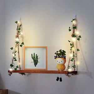 CLQ Artificial Ivy LED-Strip Wall Hanging Shelves, Hanging Plant Shelf, Macrame Wall Hanging Shelf for Bedroom Bathroom Living Room Kitchen, Wood Hanging Plant Shelves for Wall Decor