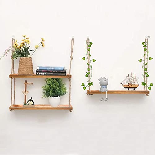 CLQ Artificial Ivy LED-Strip Wall Hanging Shelves, Hanging Plant Shelf, Macrame Wall Hanging Shelf for Bedroom Bathroom Living Room Kitchen, Wood Hanging Plant Shelves for Wall Decor