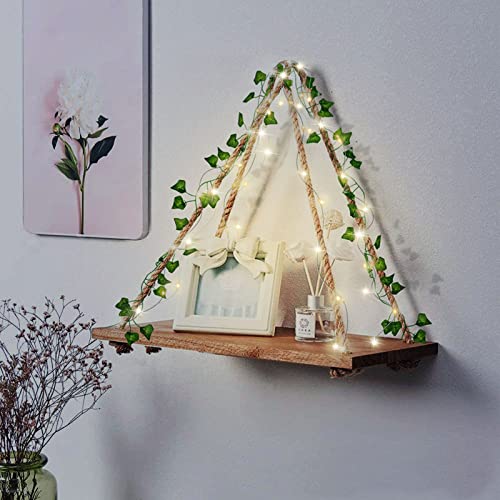 CLQ Artificial Ivy LED-Strip Wall Hanging Shelves, Hanging Plant Shelf, Macrame Wall Hanging Shelf for Bedroom Bathroom Living Room Kitchen, Wood Hanging Plant Shelves for Wall Decor