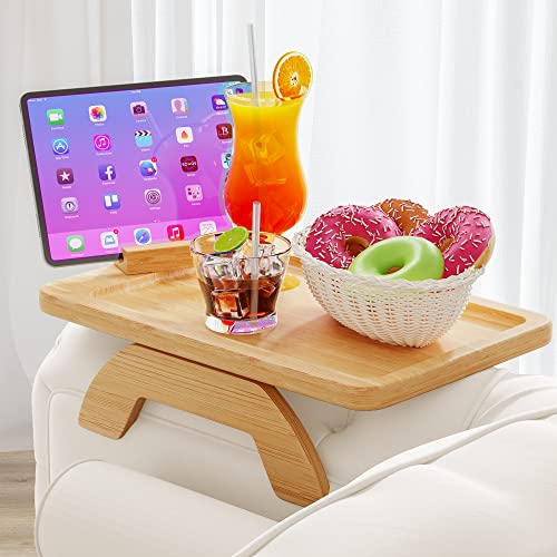 AMBIRD Sofa Arm Tray Bamboo Sofa Tray Table Clip on Side Table Couch Arm Table, Foldable Couch Tray with 360° Rotating Phone Holder, Armrest Table for Eating/Drinks/Snacks/Remote/Control