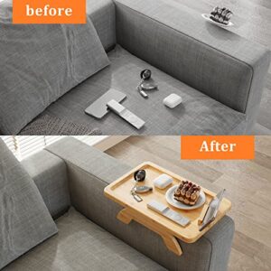 AMBIRD Sofa Arm Tray Bamboo Sofa Tray Table Clip on Side Table Couch Arm Table, Foldable Couch Tray with 360° Rotating Phone Holder, Armrest Table for Eating/Drinks/Snacks/Remote/Control