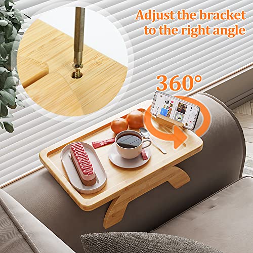 AMBIRD Sofa Arm Tray Bamboo Sofa Tray Table Clip on Side Table Couch Arm Table, Foldable Couch Tray with 360° Rotating Phone Holder, Armrest Table for Eating/Drinks/Snacks/Remote/Control